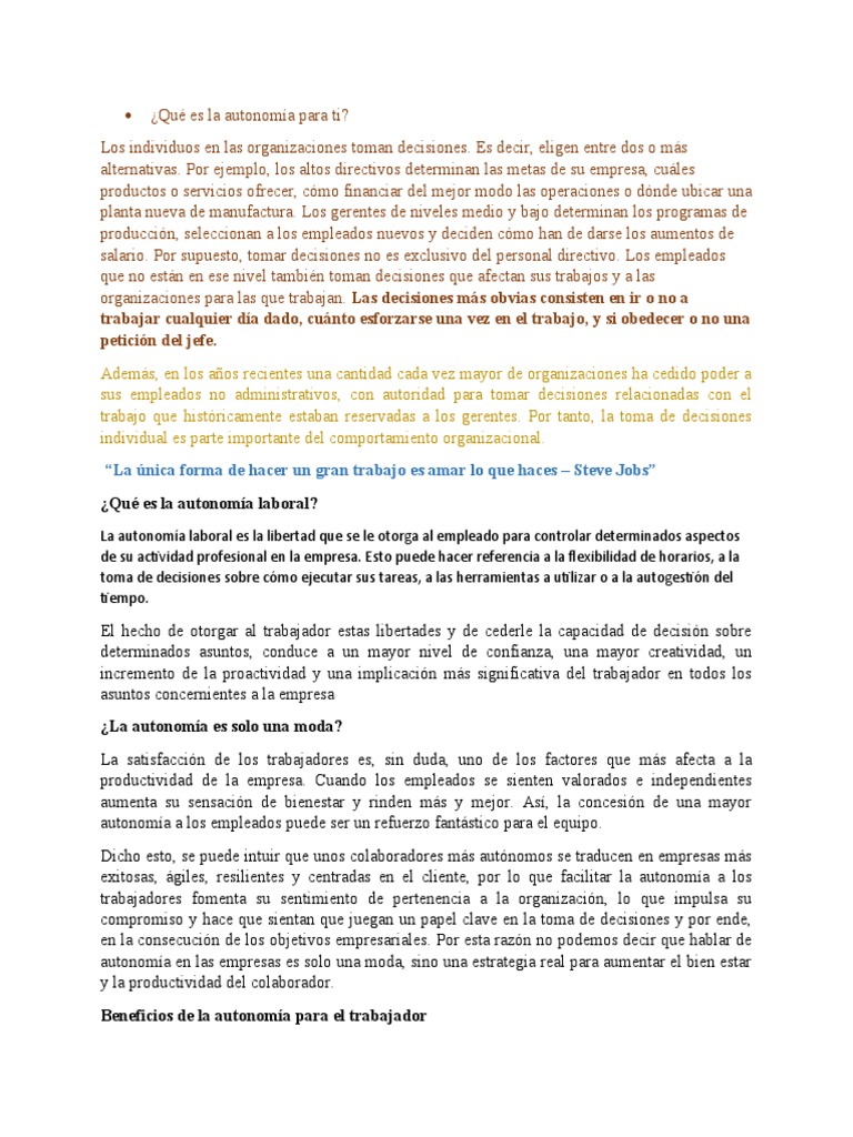 Autonomía Laboral: Clave del Éxito Empresarial | PDF | Toma de ...