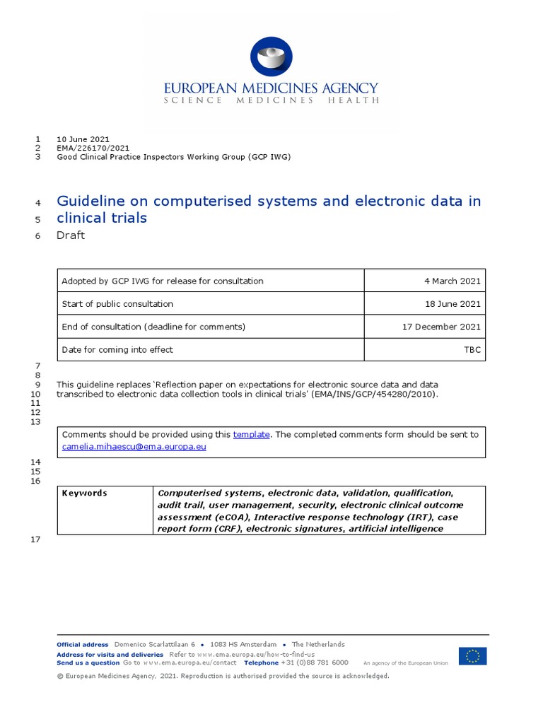 Draft Guideline Computerised Systems Electronic Data Clinical Trials ...