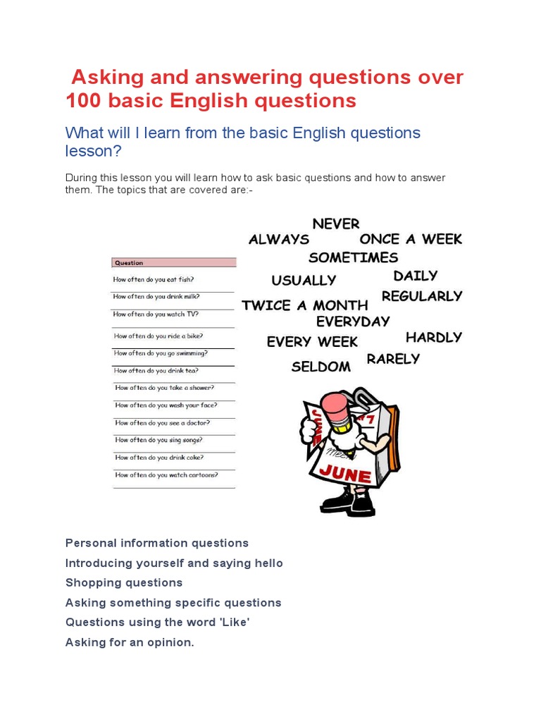 Asking and Answering Questions Over 100 Basic English Questions | PDF ...