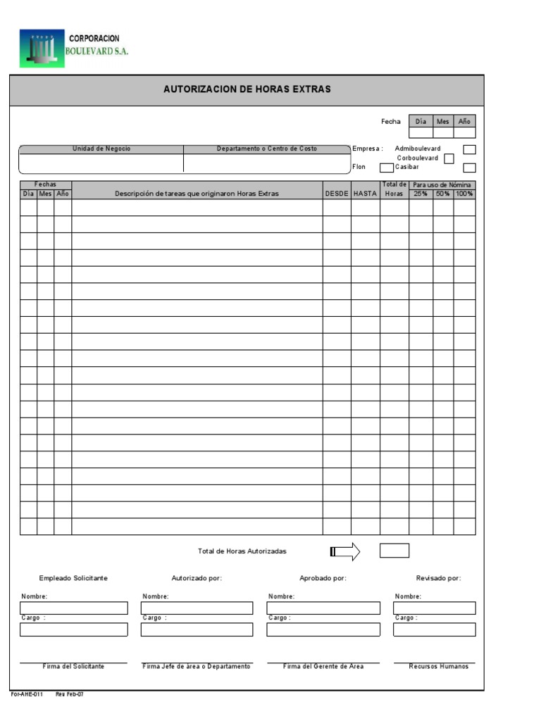 Copia de Formulario para Autorizacion de Horas Extras | PDF | Business ...