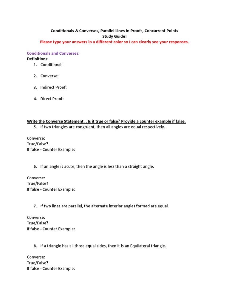 Geometry - Study Guide Conditional Converse Parallel Lines Concurrent Points | PDF | Triangle ...