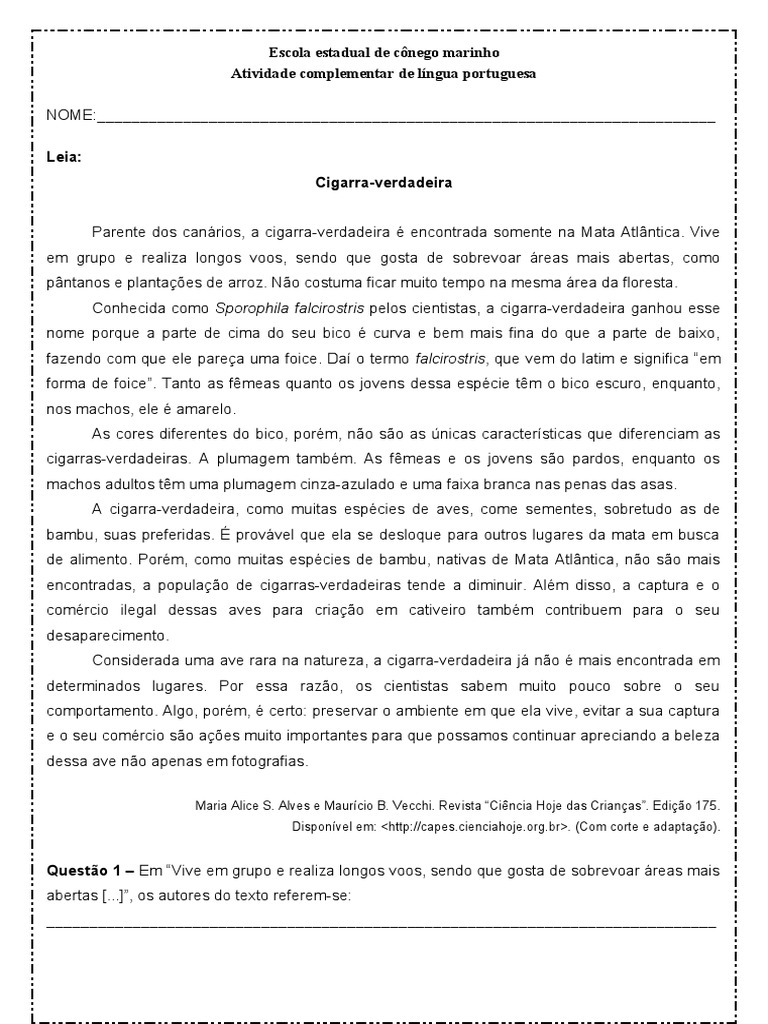 Atividade Complementar 6º Ano | PDF | Bico | Aves