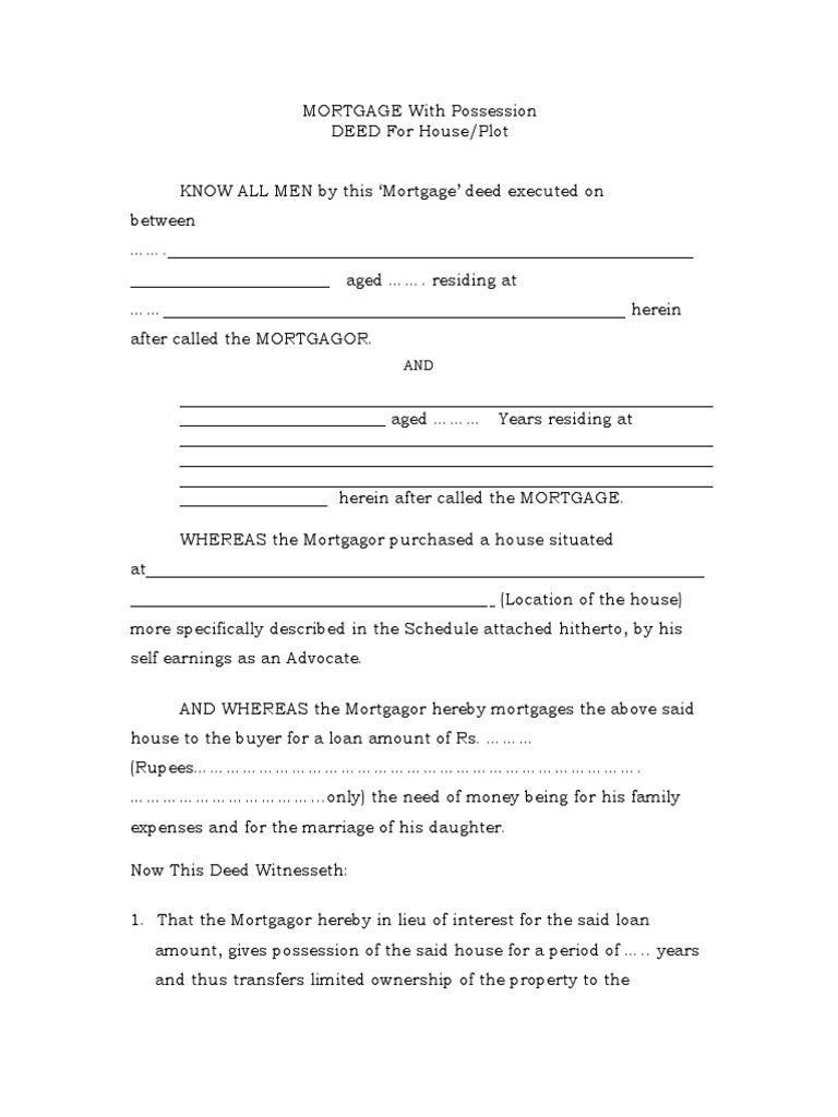 MORTGAGE With Possession DEED For House PDF