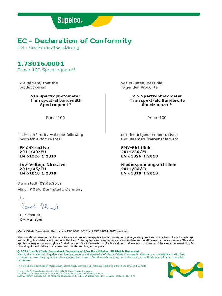 1 73016 0001 Prove 100 Vis Spectrophotometer Ce Declaration of ...