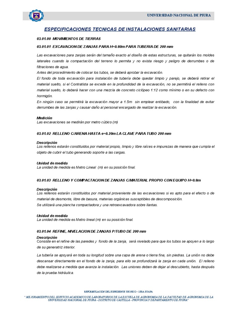 Especificaciones Tecnicas de Instalaciones Sanitarias - Ok | PDF | Tubería (transporte de ...