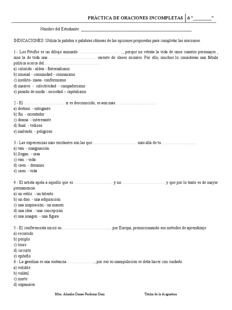 Ejercicios de Oraciones Incompletas | PDF