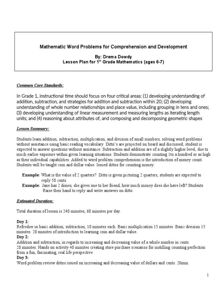 1st Grade Math Word Problems Lesson Plan | PDF | Reading Comprehension ...