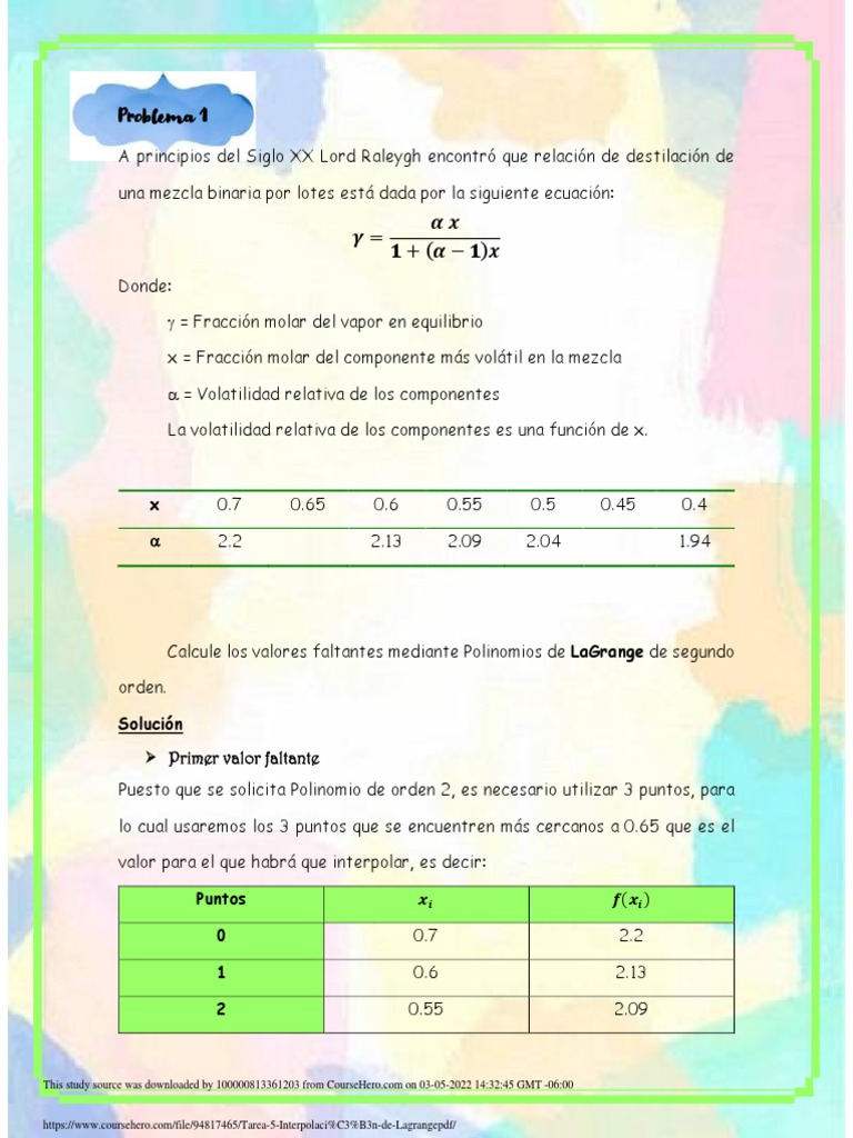 Tarea 5. Interpolaci N de Lagrange PDF | PDF | Reactor Quimico | Ingeniería Química