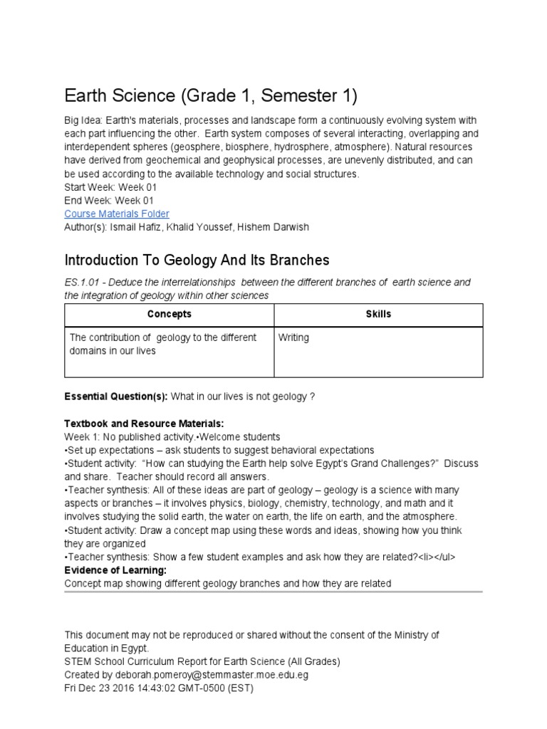 Earth Science (Grade 1, Semester 1) : Introduction To Geology and Its ...