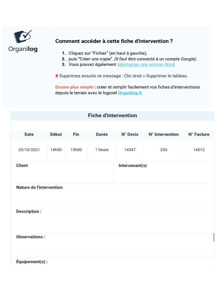 Modèle de fiche d'intervention à remplir | PDF