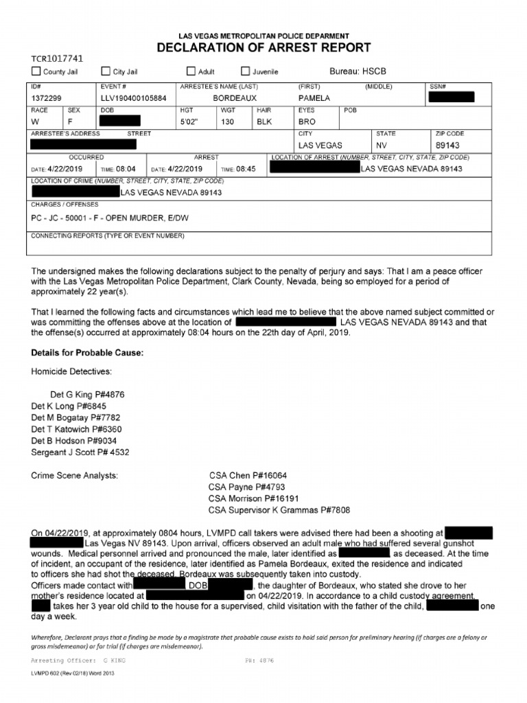 Bordeaux Pamela 19f08023x Arrest Report Redacted | PDF