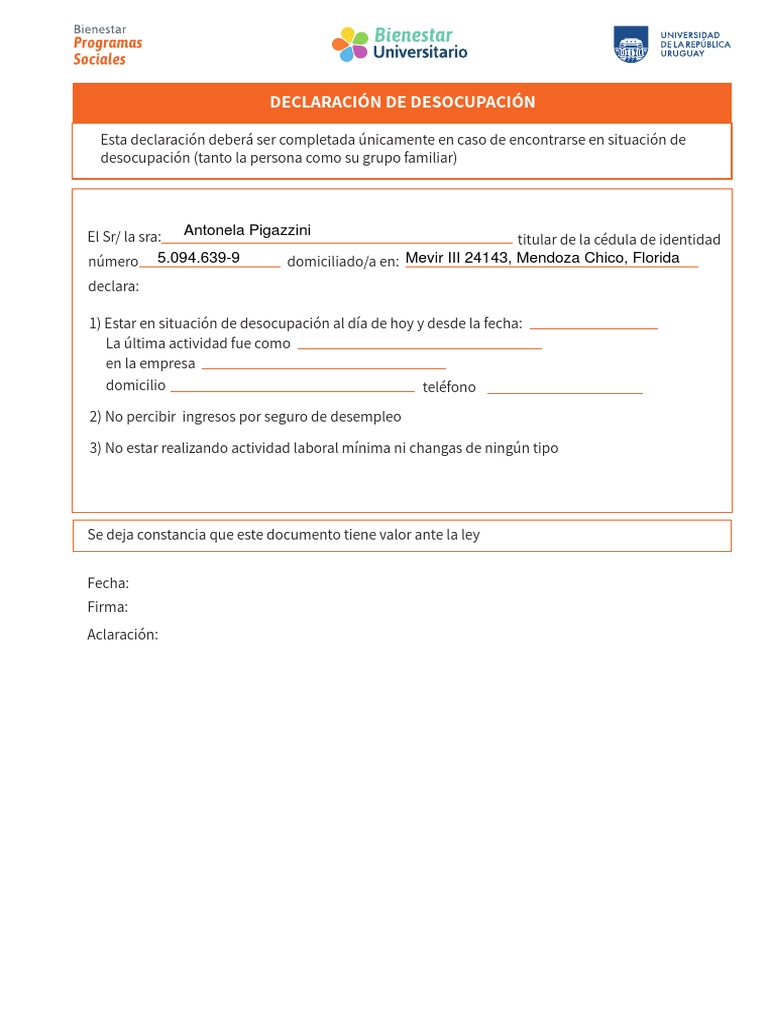 Declaración Desocupación | PDF