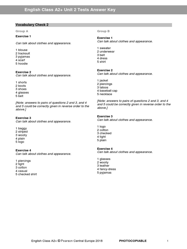 English Class A2+ Unit 2 Tests Answer Key: Vocabulary Check 2 | PDF