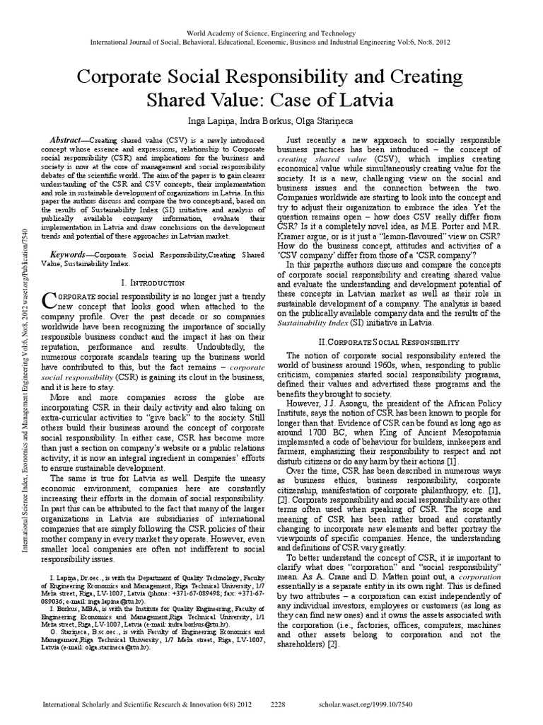 CSR vs. CSV: Insights from Latvia | PDF | Corporate Social ...
