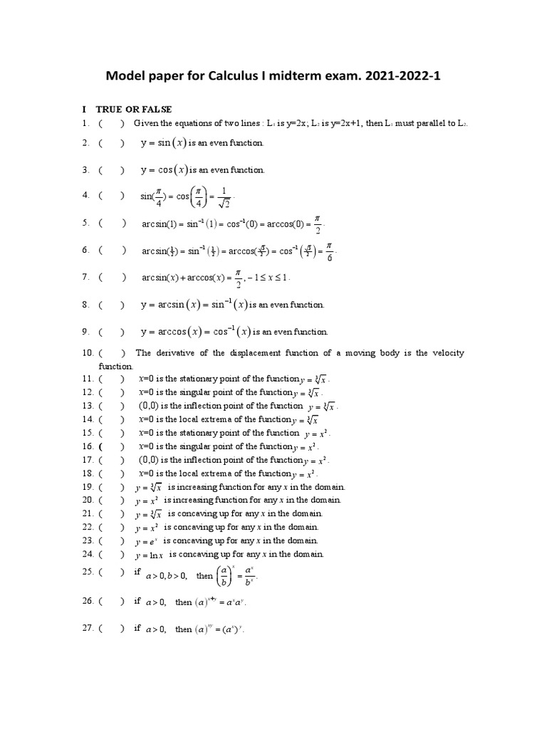Model Paper For Calculus I Midterm Exam. 2021-2022-1: y Sin X y Cos X ...