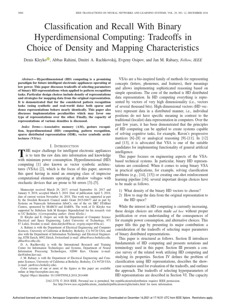Classification and Recall With Binary Hyperdimensional Computing ...