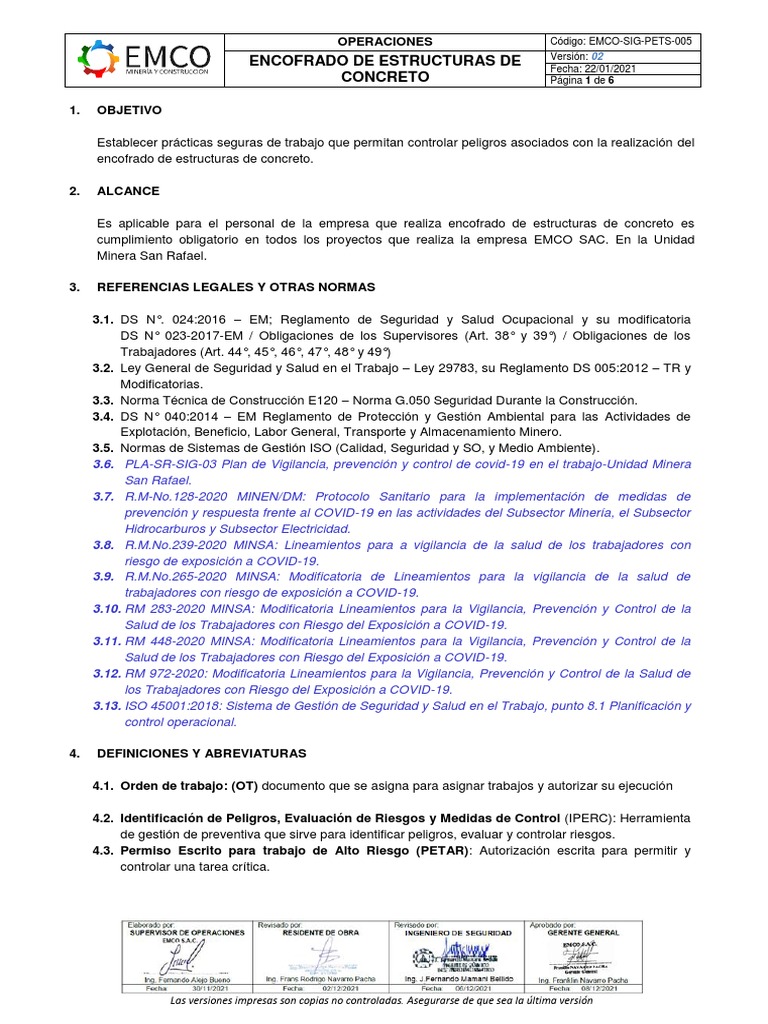 EMCO-SIG-PETS-005 ENCOFRADO DE ESTRUCTURAS DE CONCRETO Ver | PDF