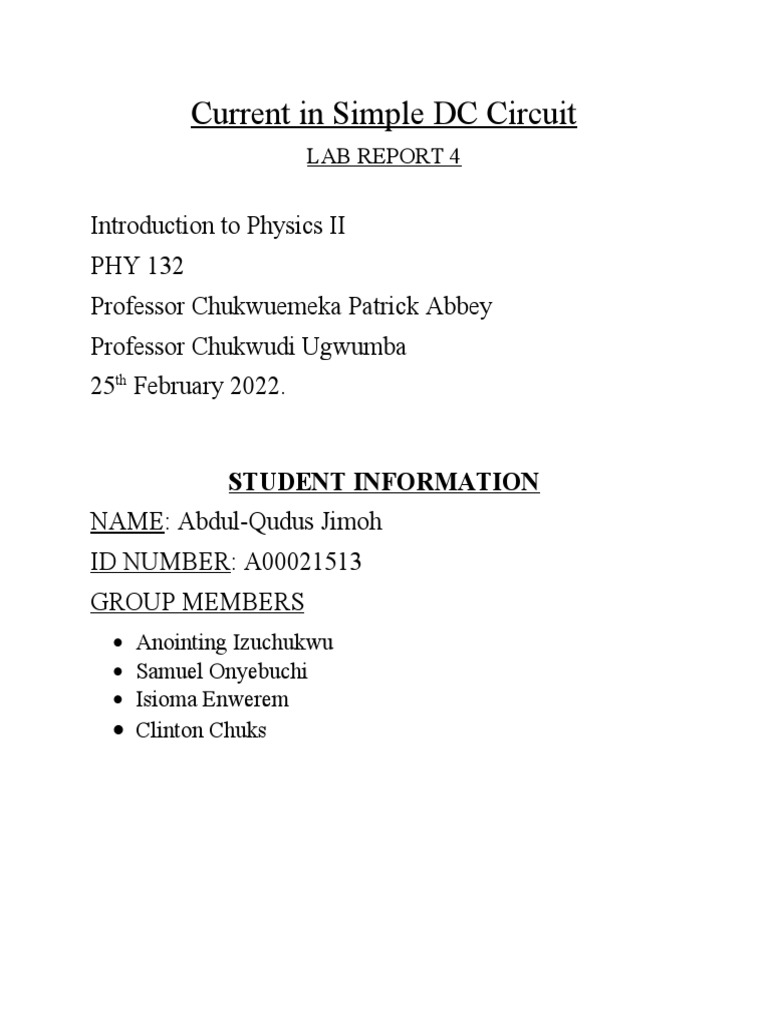 Lab 4 - Current in Simple DC Circuit | PDF | Voltage | Series And ...