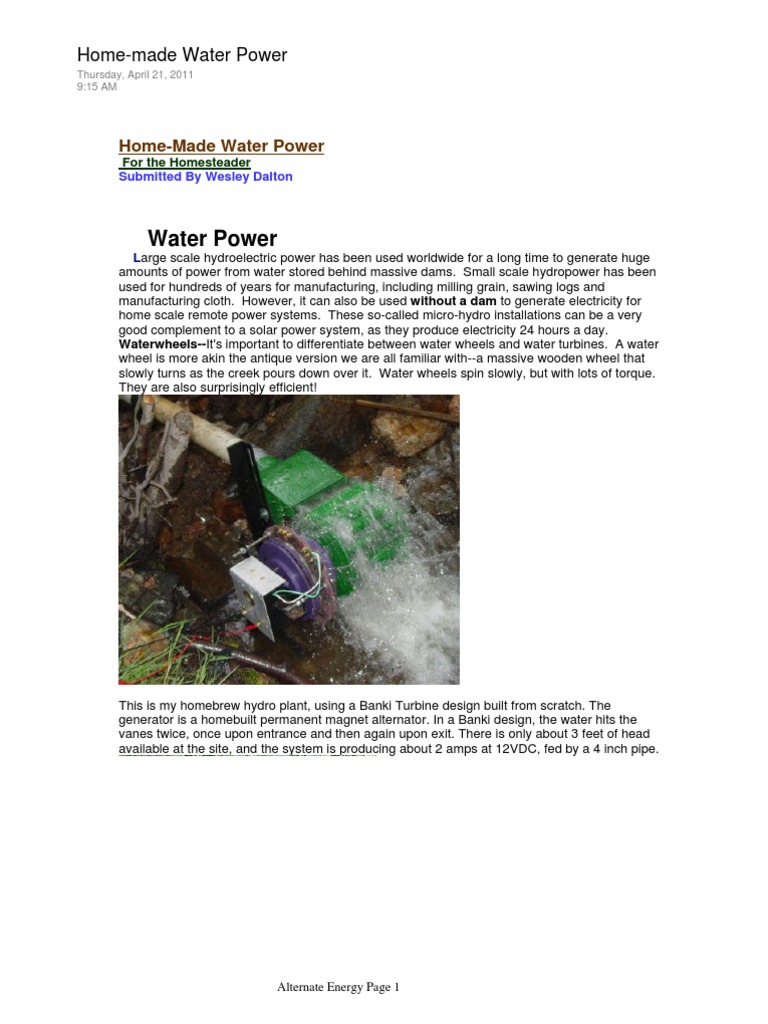 Homemade Water Power | PDF | Hydroelectricity | Turbine