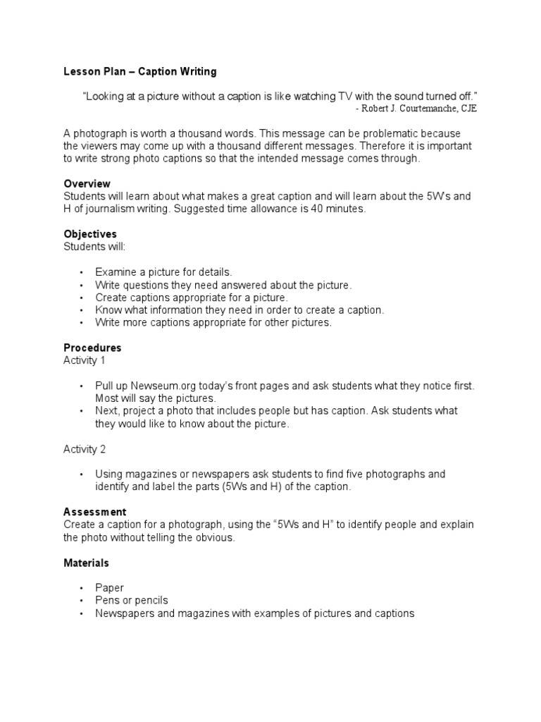 Lesson Plan - Caption Writing: - Robert J. Courtemanche, CJE | PDF