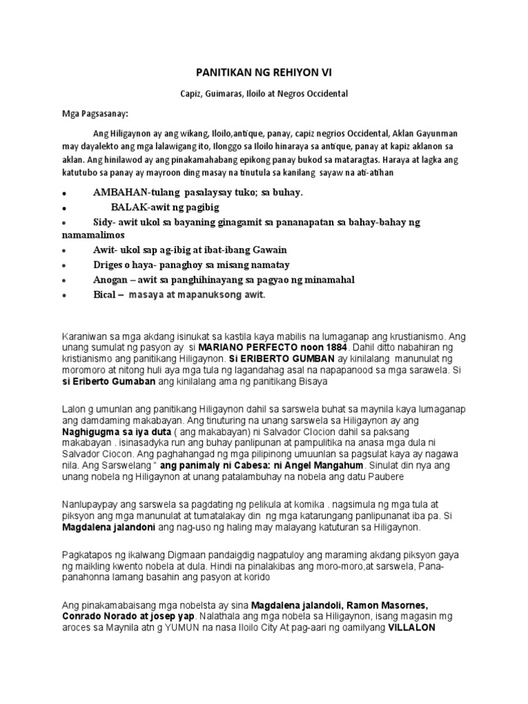 Panitikan NG Rehiyon Vi | PDF