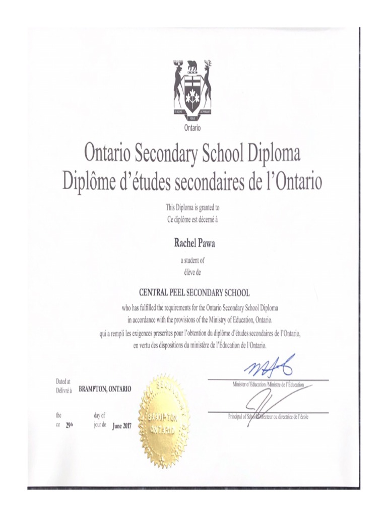 Ontario Secondary School Diploma - Rachel | PDF