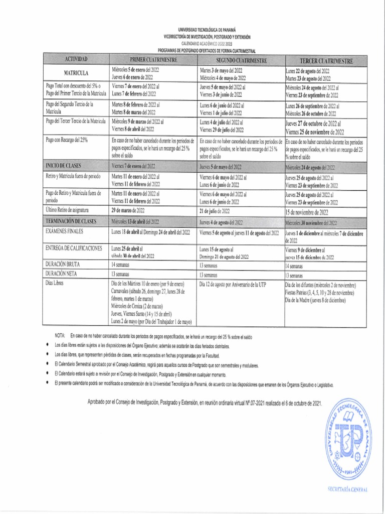 Utp Calendario Cuatrimestral Programas Postgrado 2022 2023 | PDF