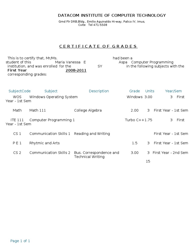 Certificate of Grades for Maria Vanessa | PDF