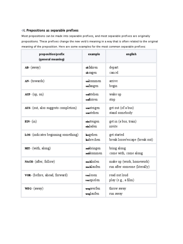 I. Prepositions As Separable Prefixes: Preposition/prefix (General ...