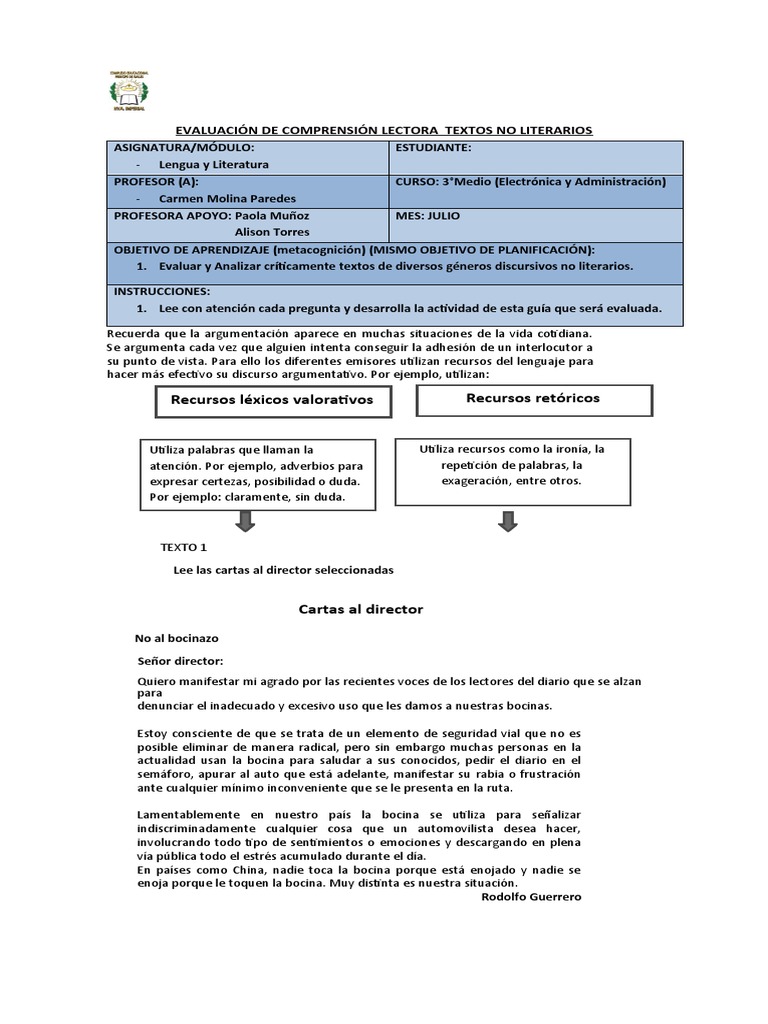 Evaluación Comprensión Textos No Literarios | PDF | Las emociones
