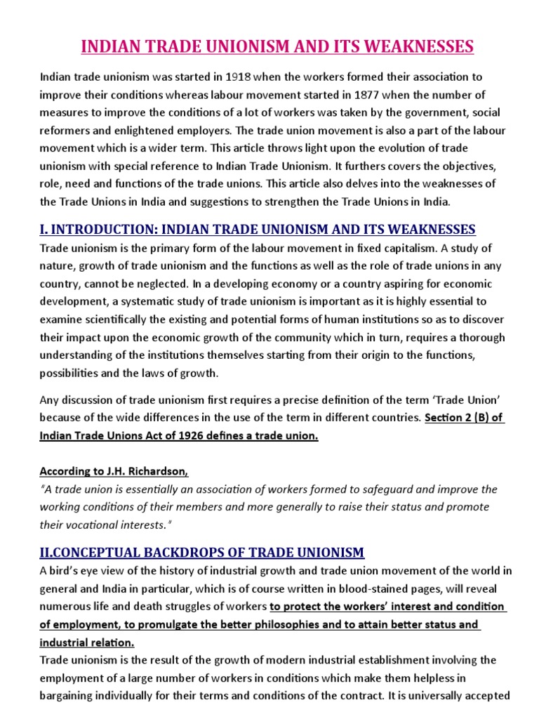 Indian Trade Unionism: Evolution & Weaknesses | PDF | Trade Union ...