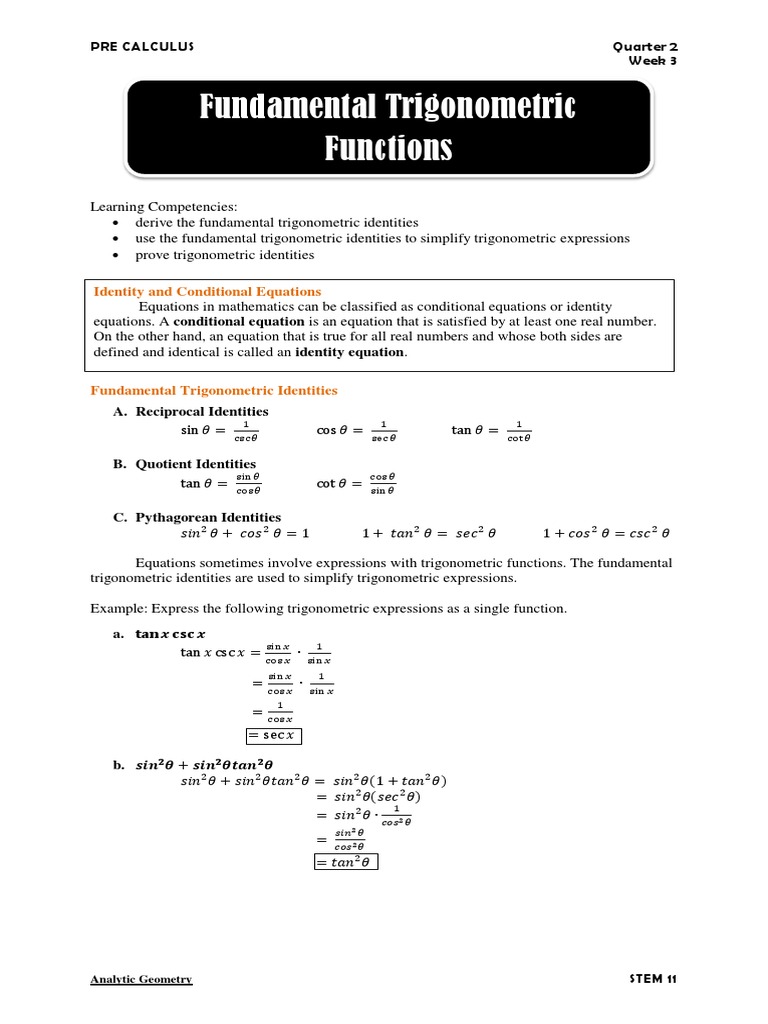 Fundamental Trigonometric Functions: Pre Calculus Quarter 2 Week 3 Wee ...