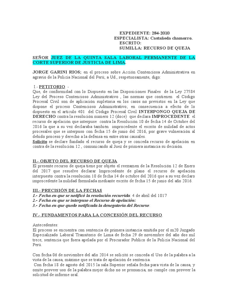 Modelo de Recurso de Queja | PDF | Apelación | Sentencia (ley)