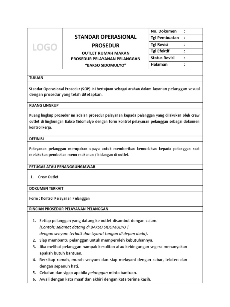 Contoh SOP Resto Pelayanan Pelanggan Outlet | PDF