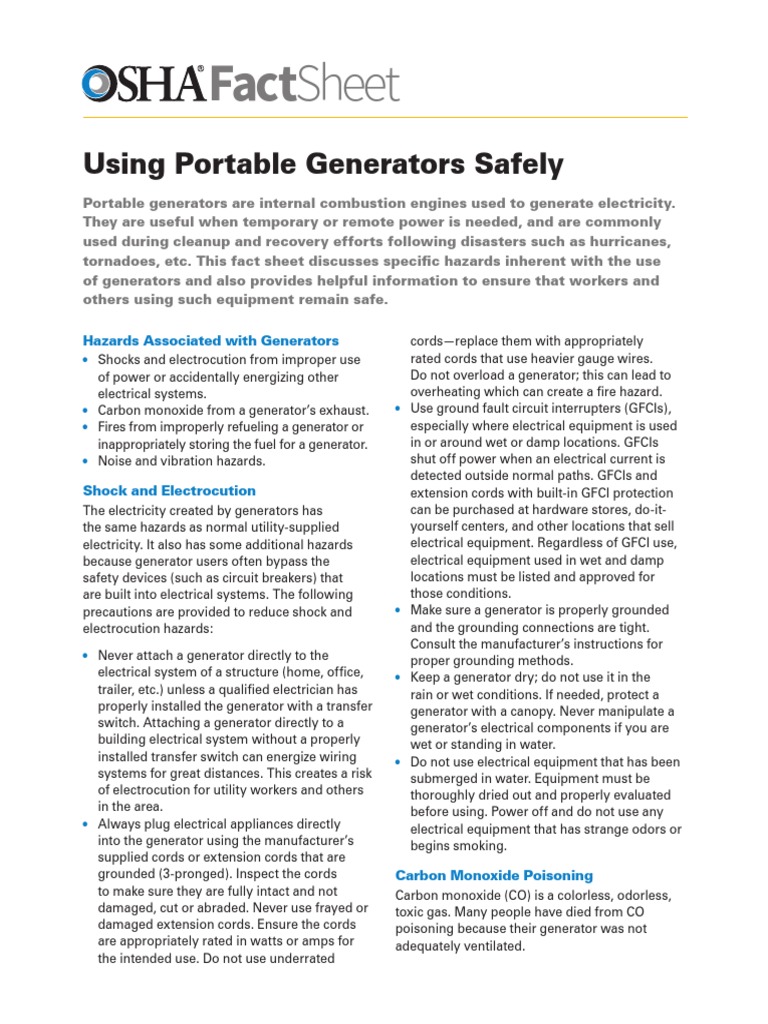 OSHA3286 - Using Portable Generators Safely - Uso Seguro de Generadores ...