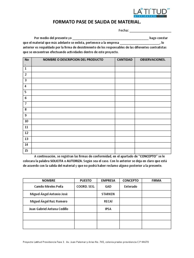 Formato Pase De Salida De Material Pdf