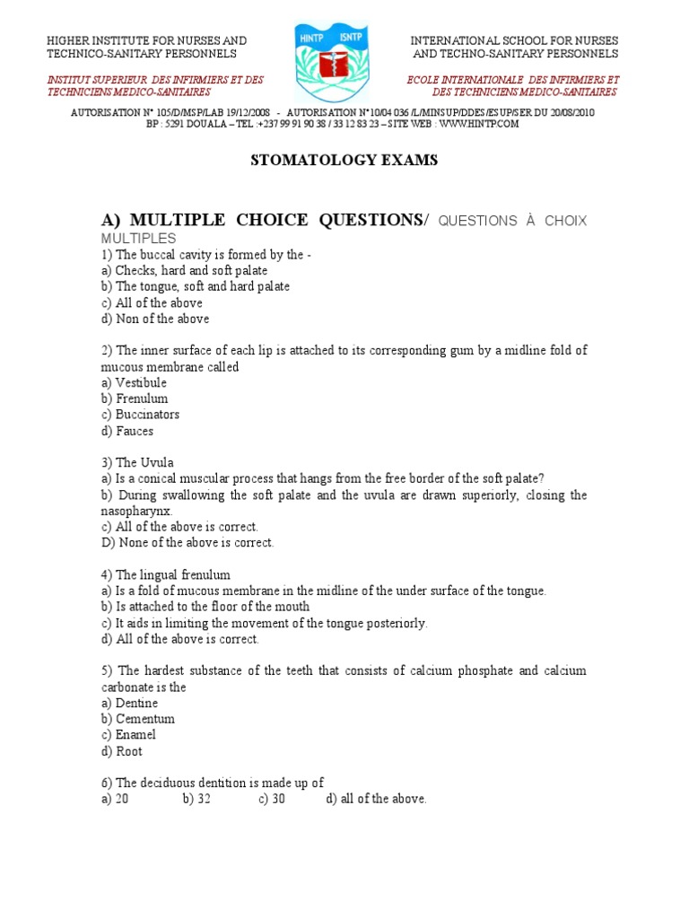 A) Multiple Choice Questions/: Stomatology Exams | PDF | Human Tooth ...