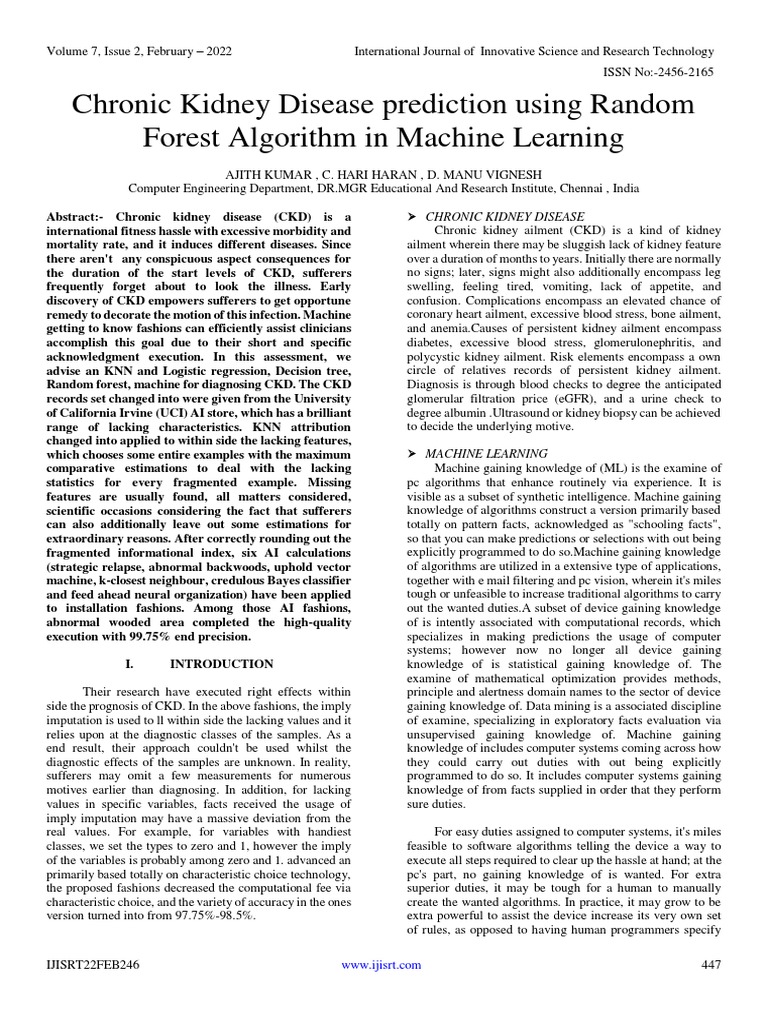 Chronic Kidney Disease Prediction Using Random Forest Algorithm in Machine Learning | PDF ...