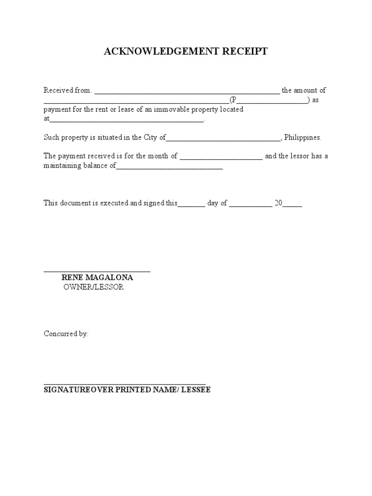 Acknowledgement Receipt Rent | PDF | Finance & Money Management