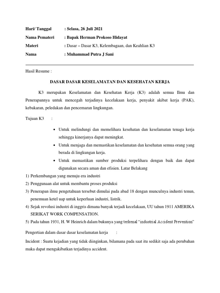 18.RESUME MATERI DASAR DASAR K3, KELEMBAGAAN, Dan KEAHLIAN K3 MUHAMMAD ...