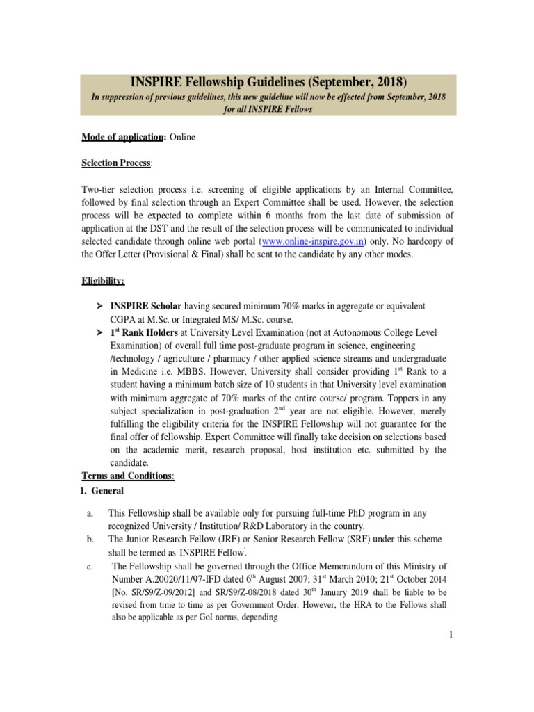 Guidelines for the INSPIRE Fellowship Program: Eligibility, Selection ...
