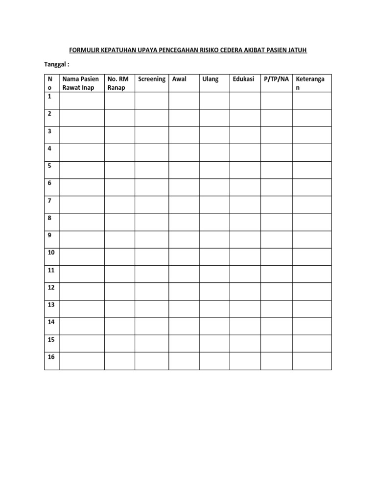 Formulir Kepatuhan Upaya Pencegahan Risiko Cedera Akibat Pasien Jatuh | PDF