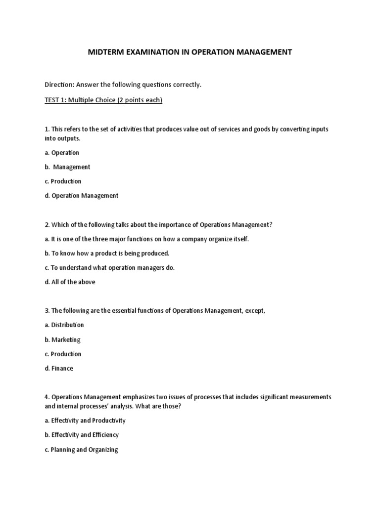 Midterm Examination in Operation Management | PDF | Marketing | Sales