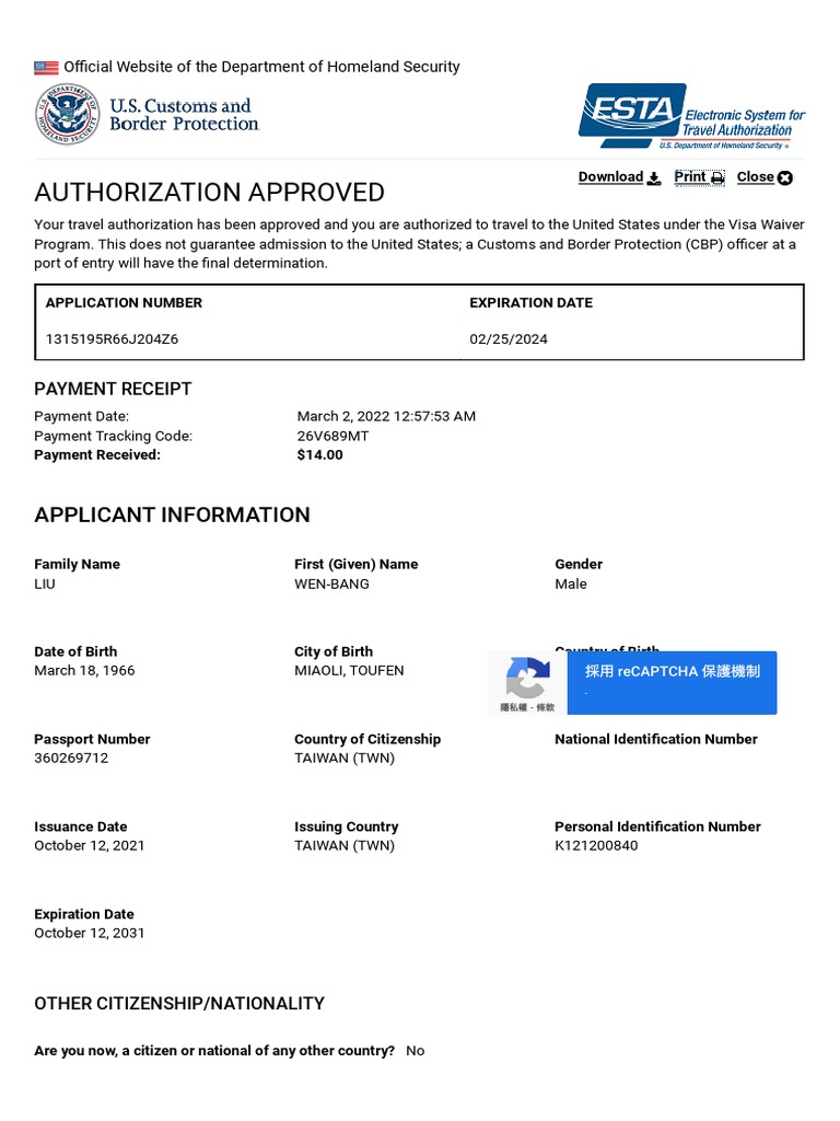 Official ESTA Application Website, U.S. Customs A | PDF | Government ...