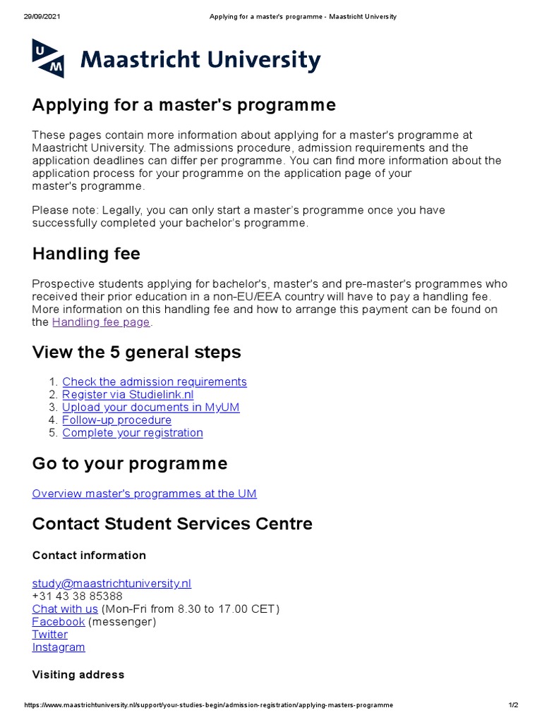 Applying For A Masters Programme - Maastricht University | PDF