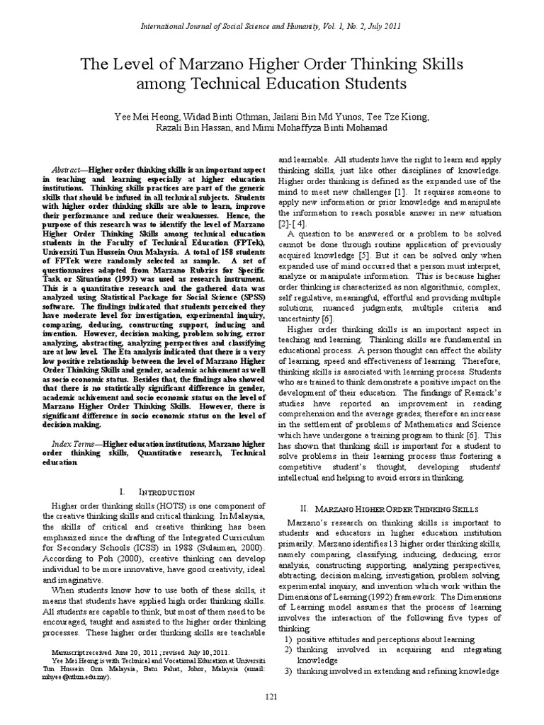 The Level of Marzano Higher Order Thinking Skills | PDF | Thought ...