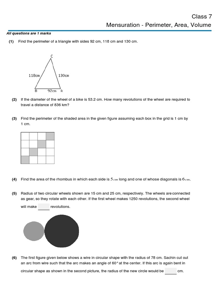 Class 7 Mensuration - Perimeter, Area, Volume: All Questions Are 1 ...