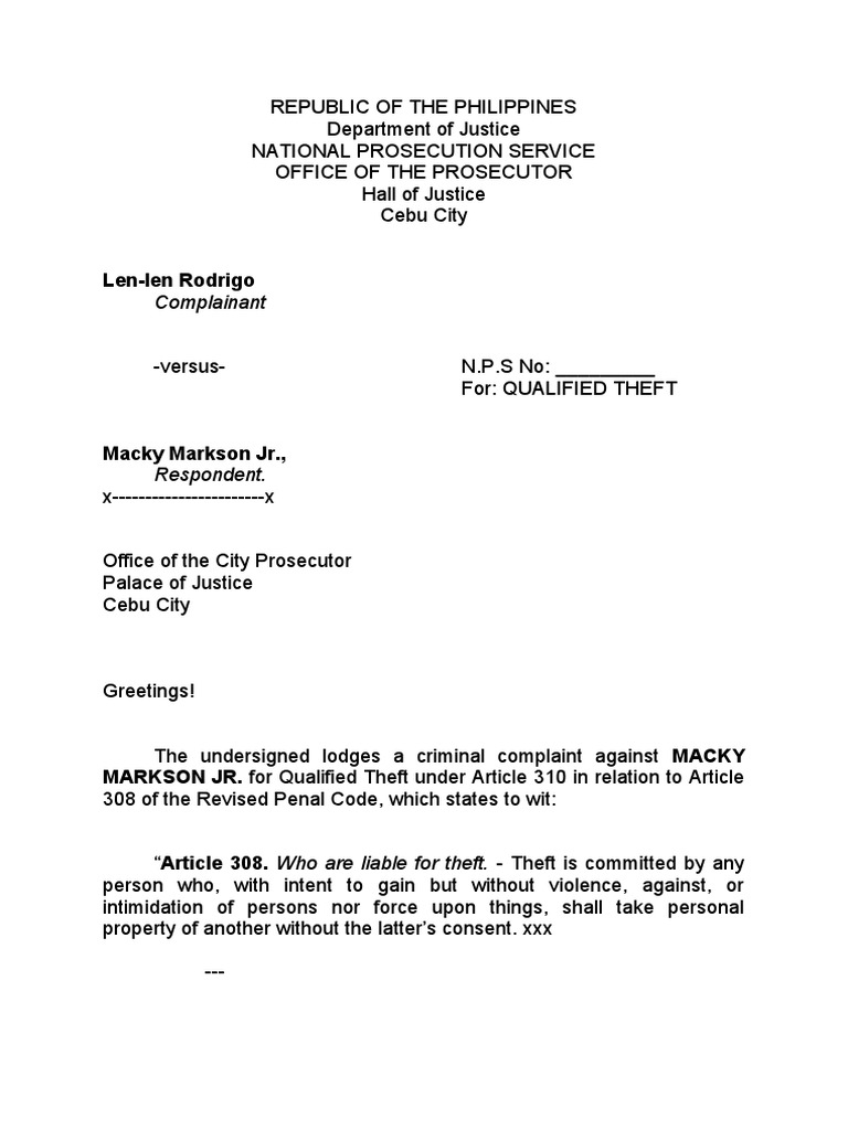 Complaint For Qualified Theft | PDF | Theft | Prosecutor