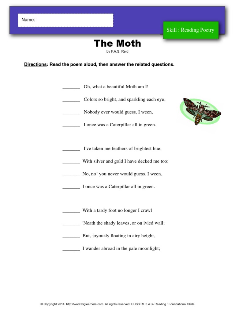 The Moth: Directions: Read The Poem Aloud, Then Answer The Related ...