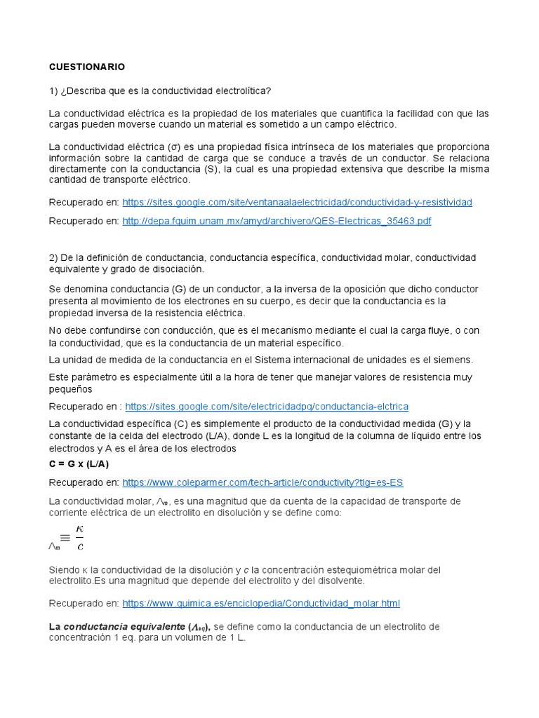 Cuestionario Pract 3 | PDF | Resistividad Eléctrica y Conductividad | Electricidad